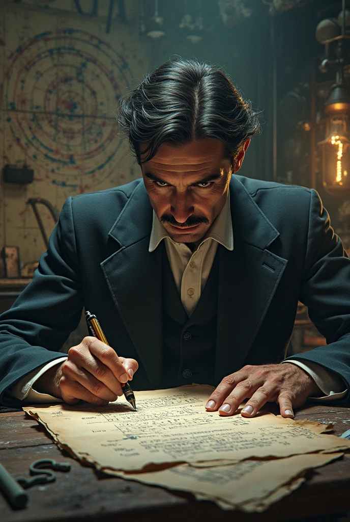 The image of Nikola Tesla writing the magic number codes, realistic ...