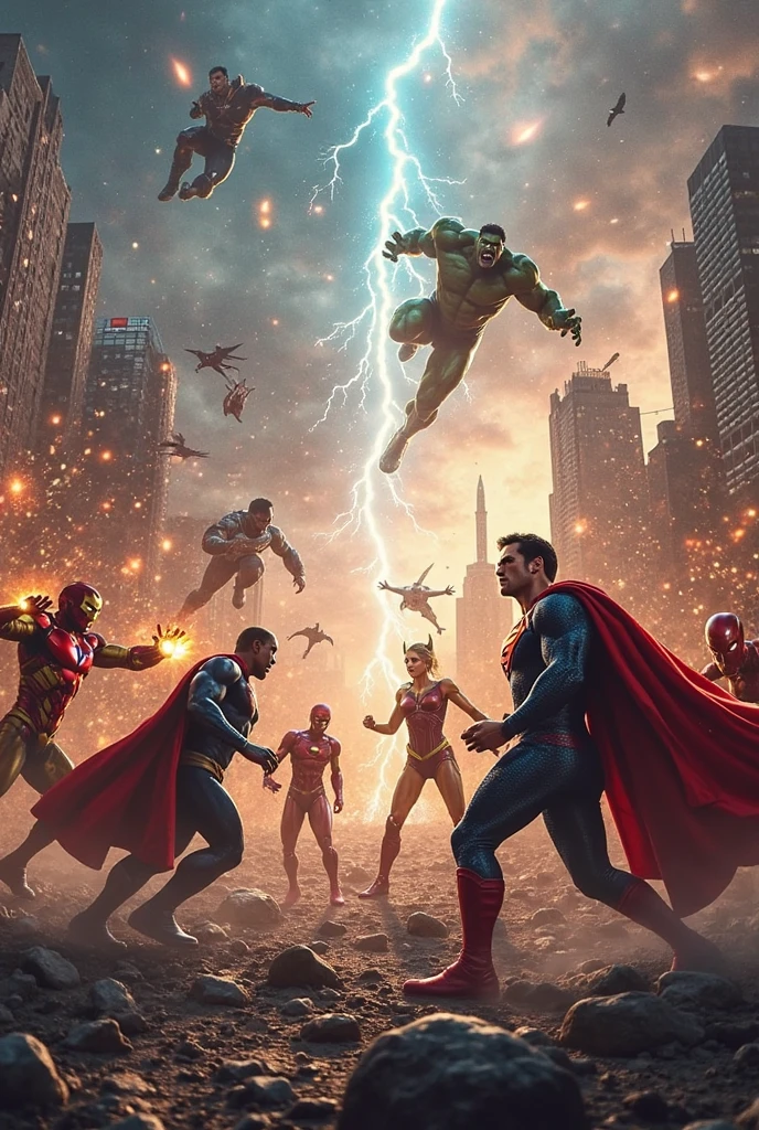 An explosive battle between two legendary teams of superheroes - SeaArt AI