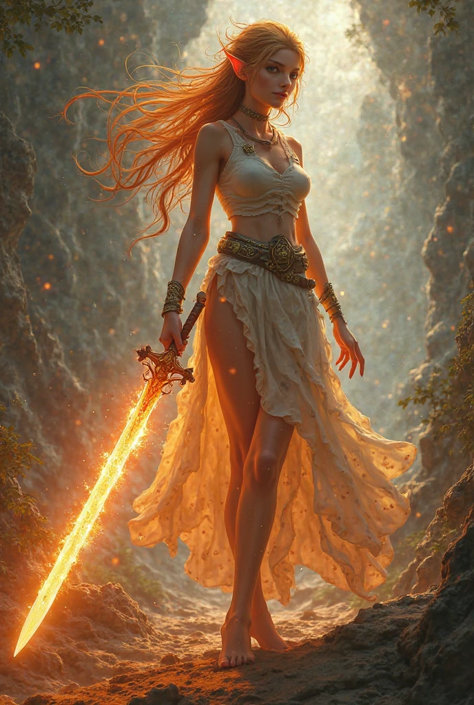 Elf girl, , Skinny, with a fiery sword in hand - SeaArt AI