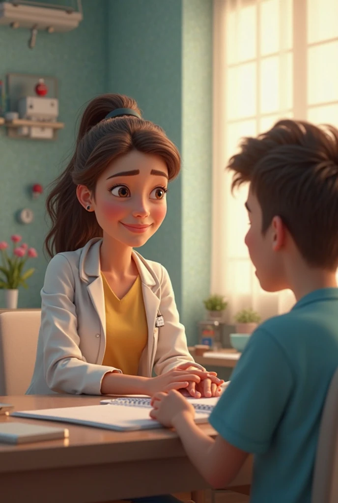 Pixar image of a female psychologist, in a hospital context welcoming a ...