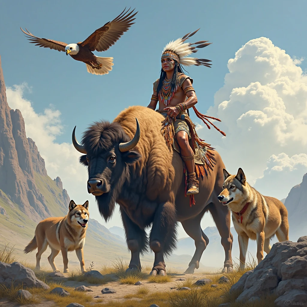 Native American riding a giant bison accompanied by wolves and an eagle ...