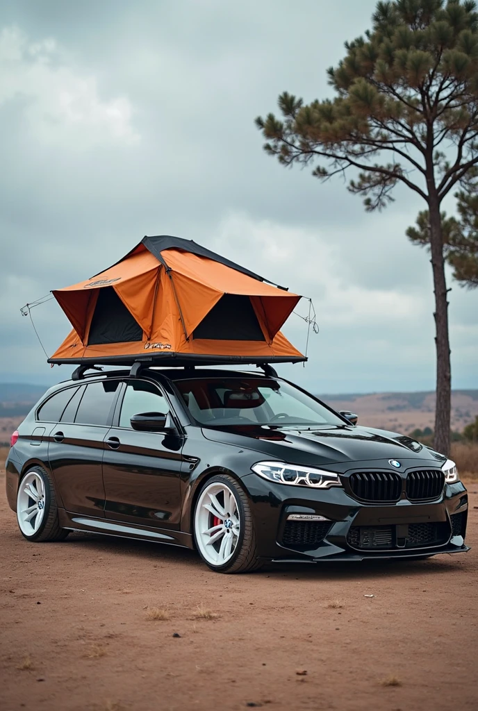 Bmw m3 Touring with white rims, Lowered and roof tent - SeaArt AI