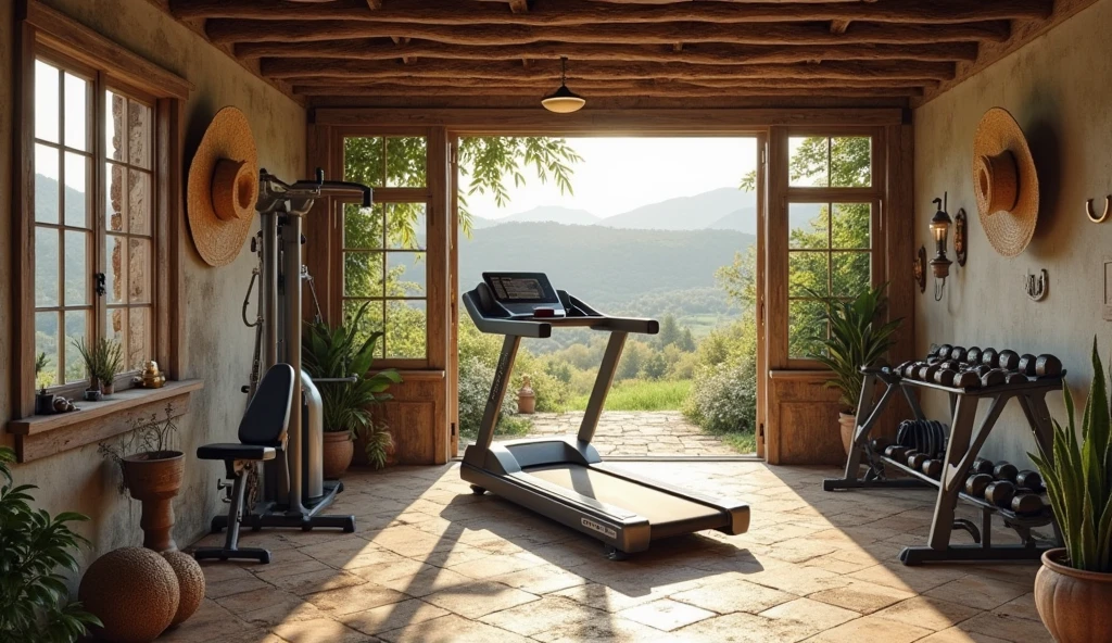 Create a rustic rural-style gym with a running treadmill and weights on ...