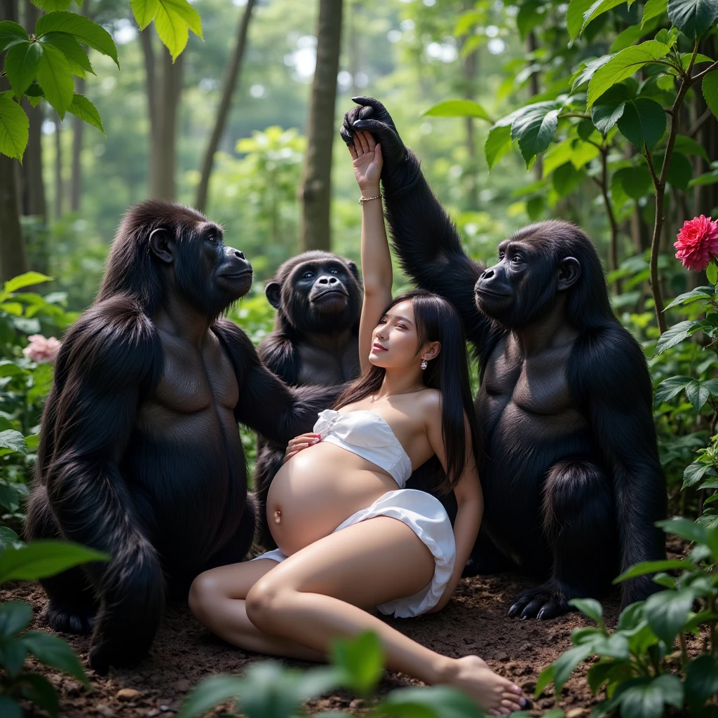 red and green flowers blooming Rainforest Jungle 、Four mountain gorillas celeb - SeaArt AI