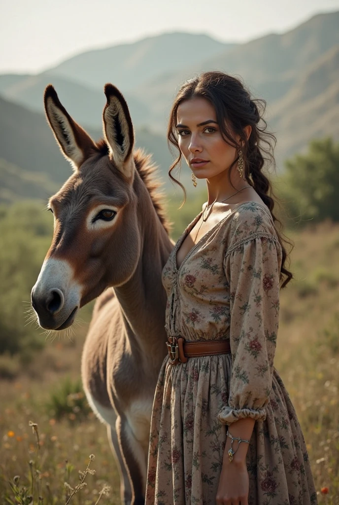 A picture of the Lebanese actress Maya Khalifa next to a donkey - SeaArt AI
