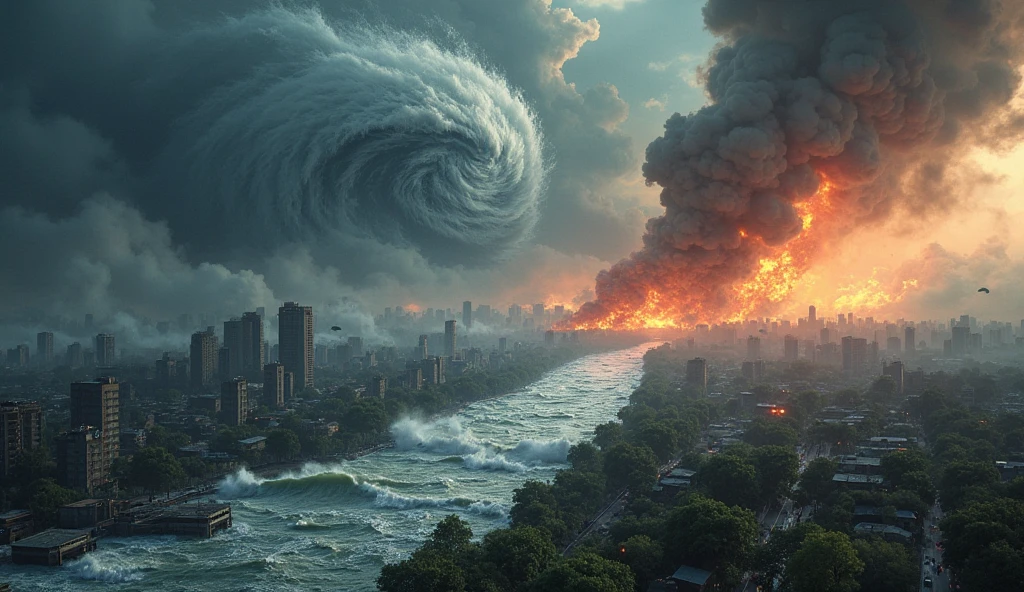 A highly detailed and realistic image of a world in turmoil due to ...