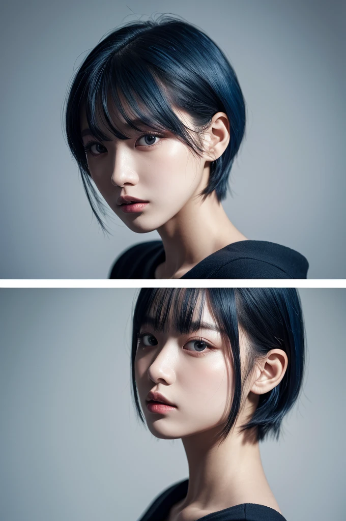 Studio shot、 classic short back ＆side person、dark blue hair color ...