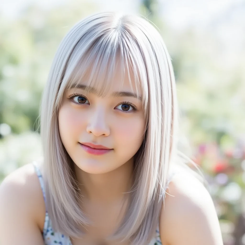 White blond long hair、 hairstyle is straight、 light background - SeaArt AI