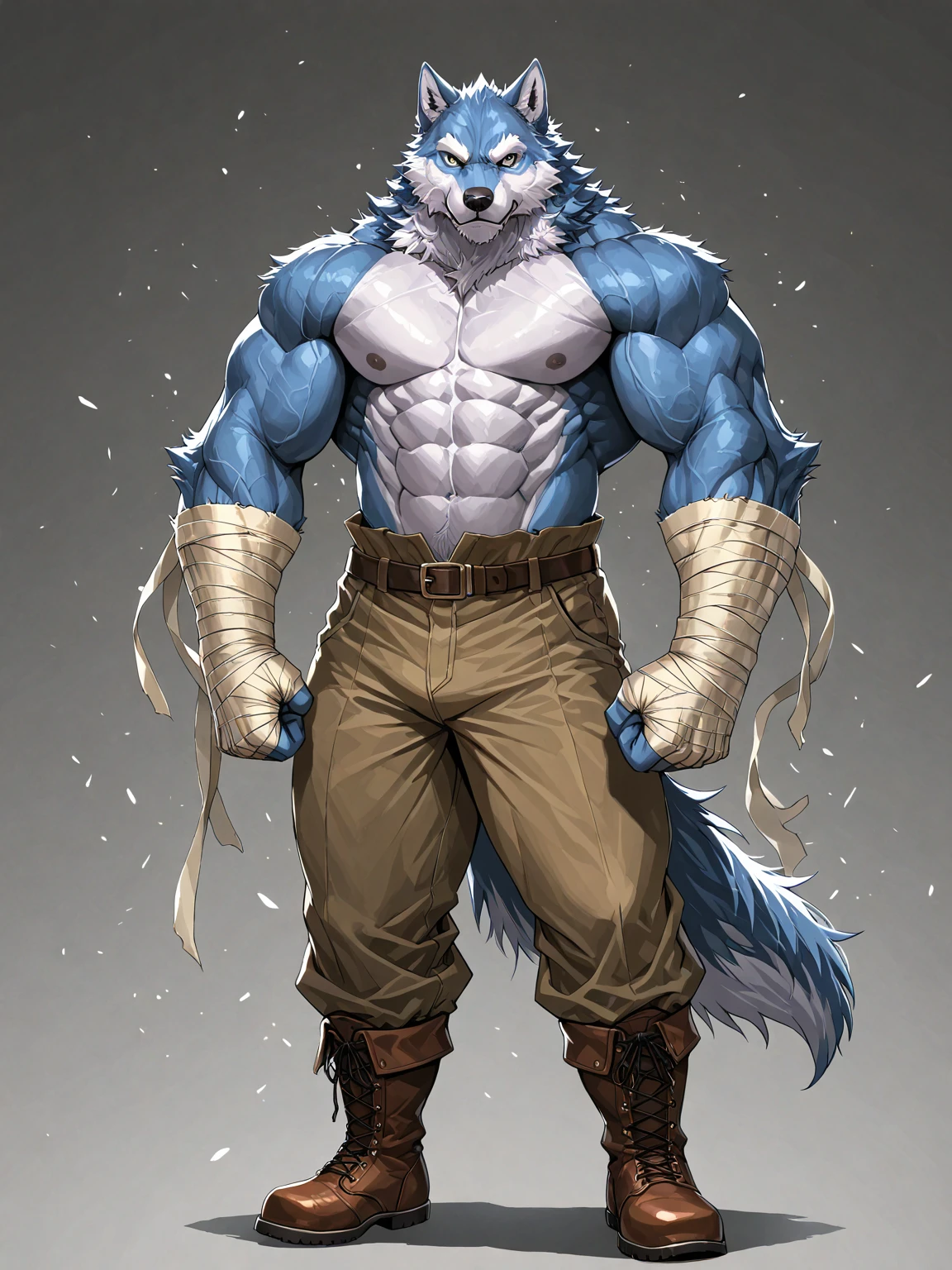 Wolf, muscular, standing, full body, pants, boots, hand wrap - SeaArt AI