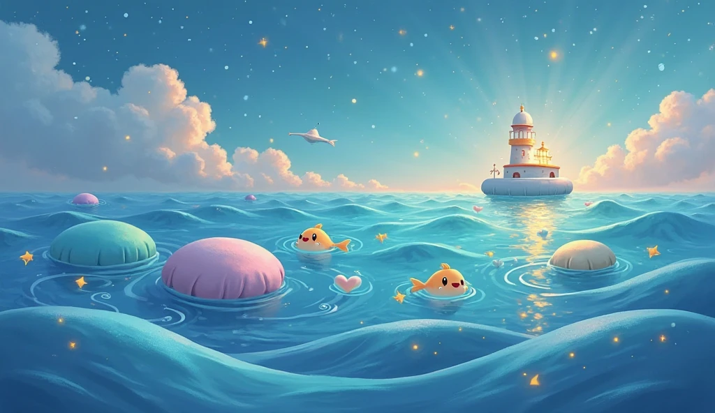 A magical ocean in cartoon style, where the waves are soft round pillows in past - SeaArt AI