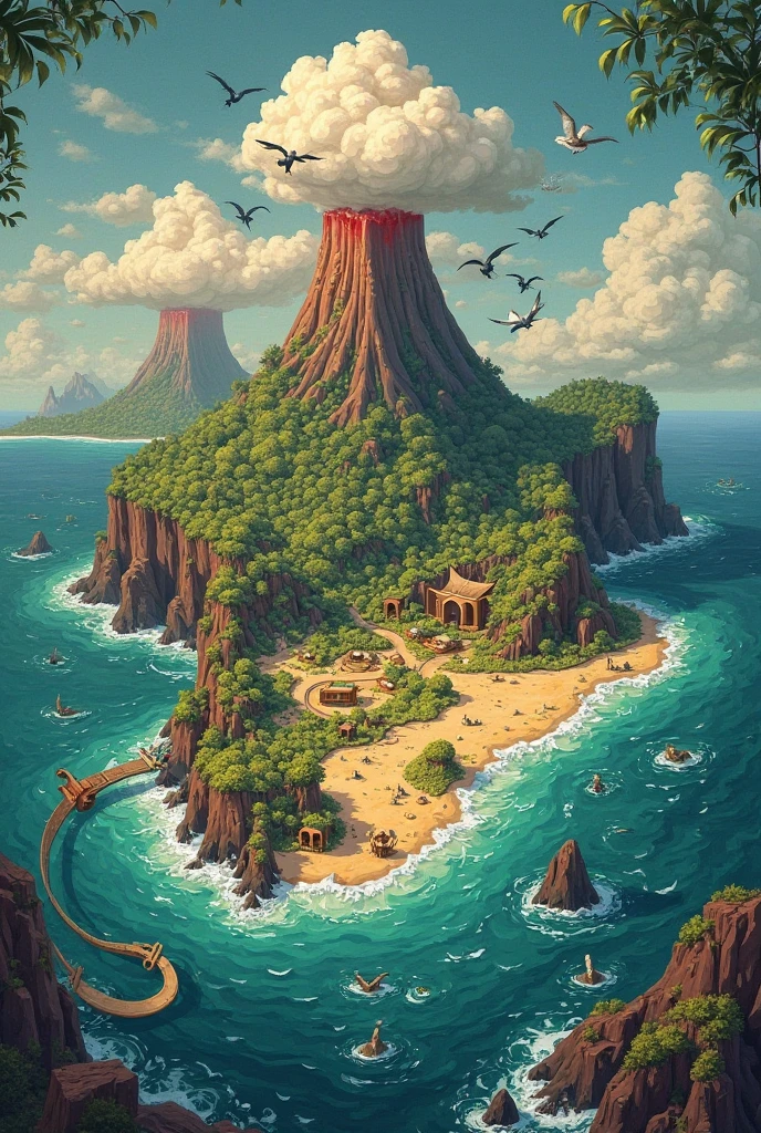 Create a fun looking treasure map with a volcano and waves on a island ...