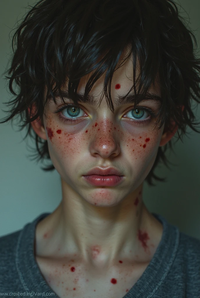 *you see his face now. His skin is covered in scars, mainly on the left ...