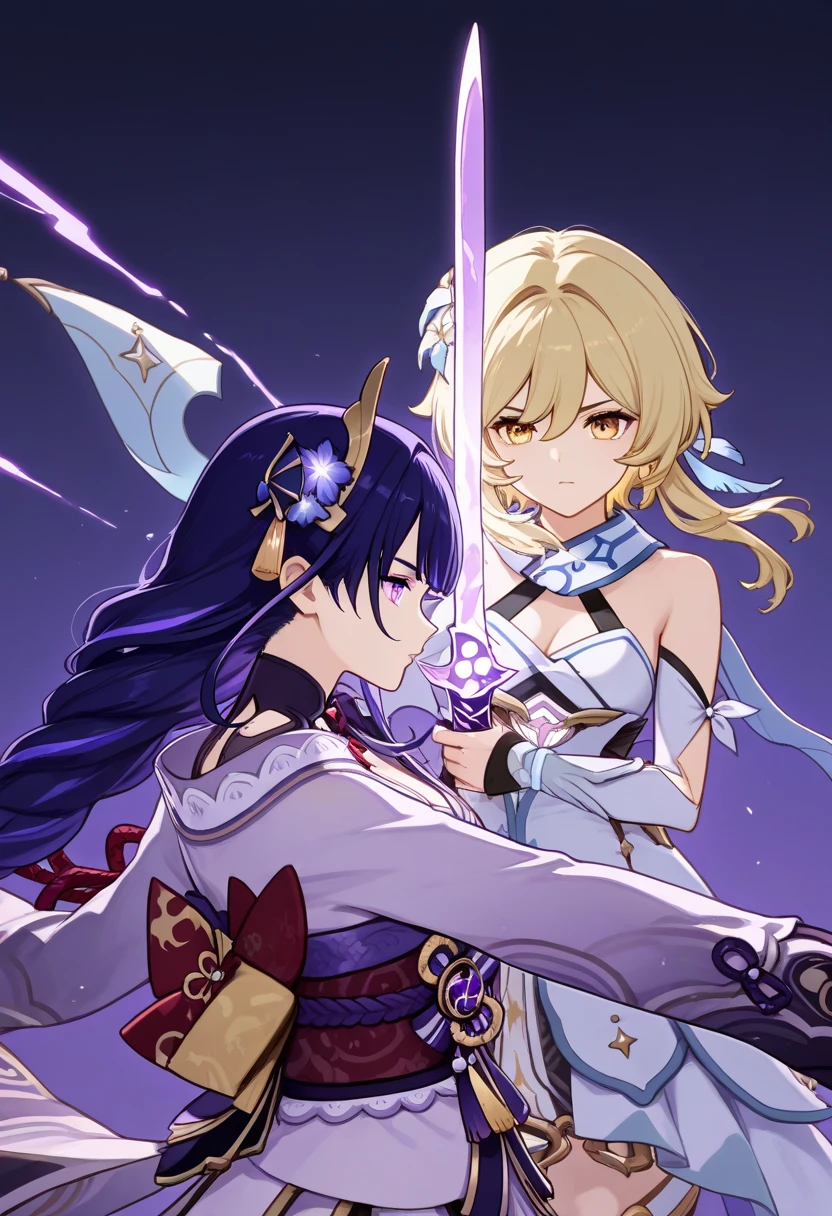 Genshin, Lumine, Raiden Shogun, sparring with a sword, side view ...