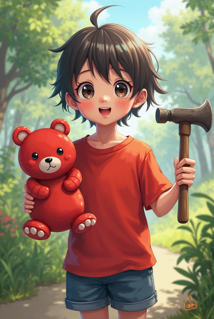 Anime, Red shirt, Holding a red bear and a hoe and a hammer. - SeaArt AI