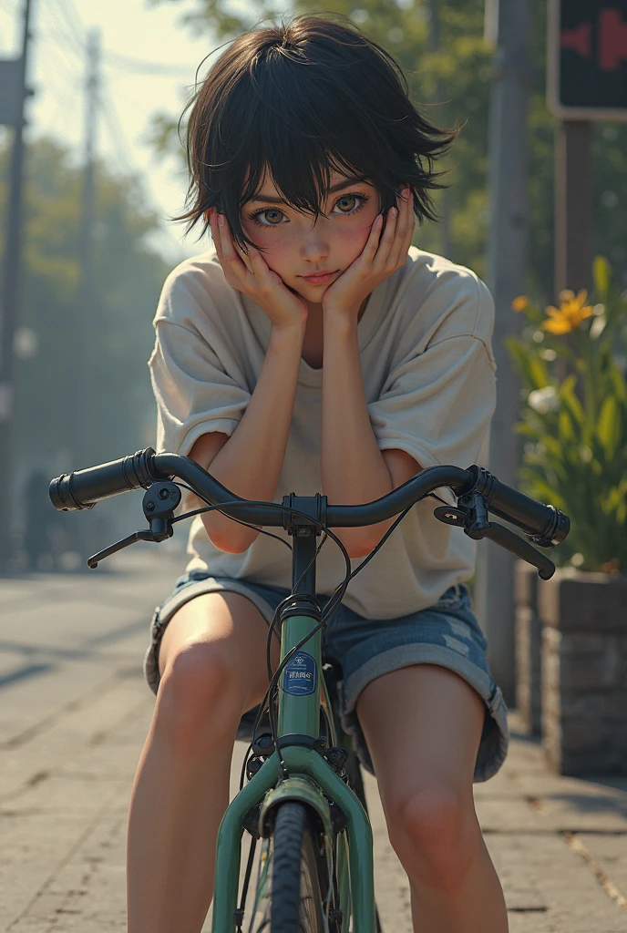 A picture of tomboy girl that sitting on her bycicle covering her face ...