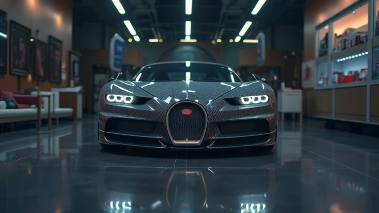 A cinematic close-up of the Bugatti Bolide’s carbon fiber body under ...