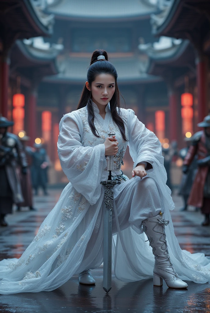 A battle scene in which a female white ninja lands、Place one hand on ...