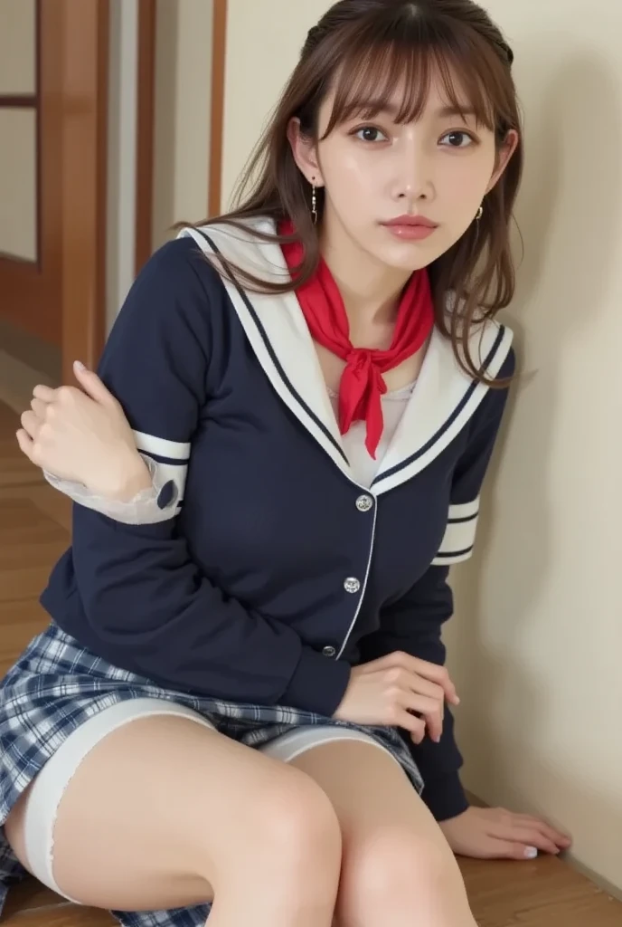 Navy Blue Sailor Suit red scarf 20 years old white long socks Black le - SeaArt AI