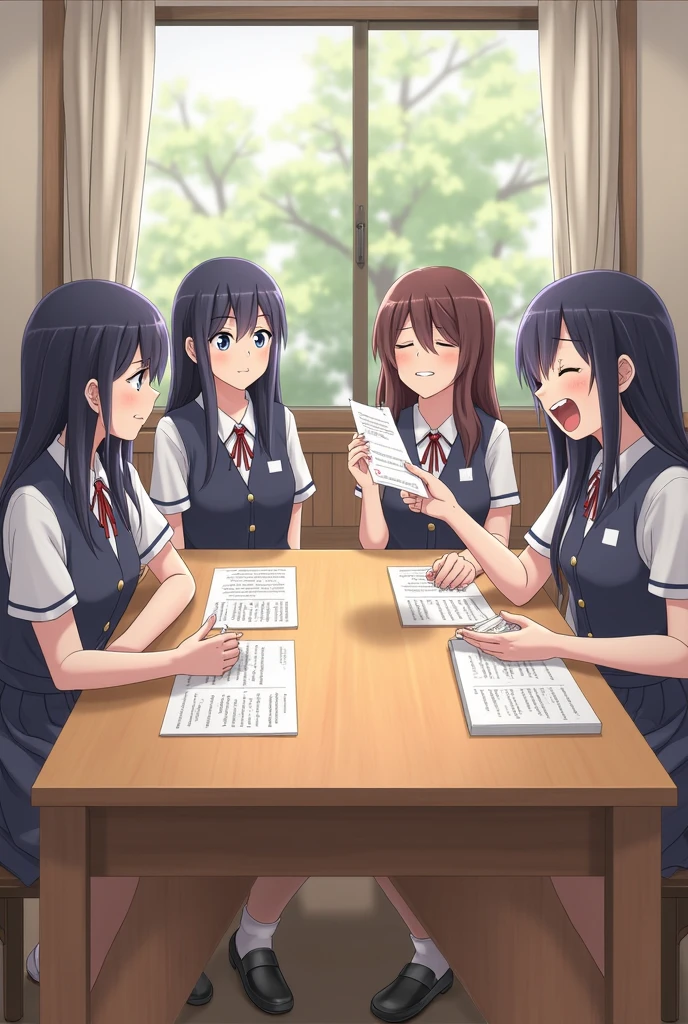 Four young girls meeting in a typical Japanese student council room ...