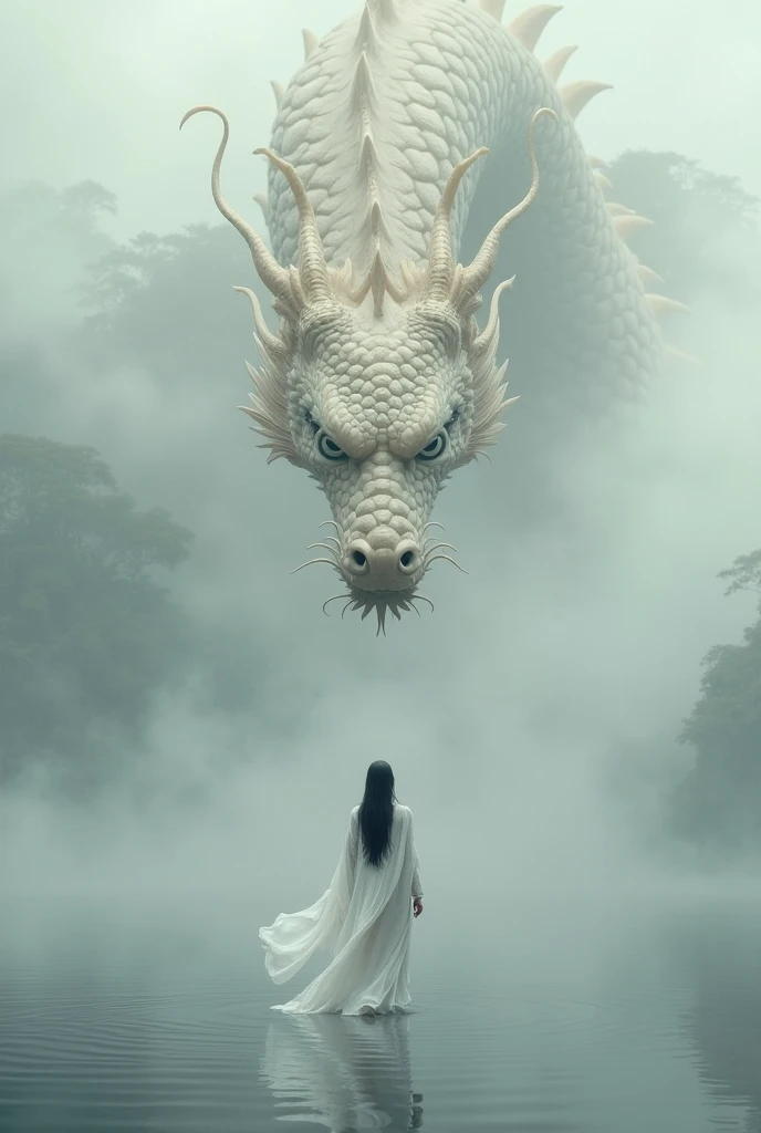 A white Chinese dragon looks down at a woman on a foggy lake - SeaArt AI