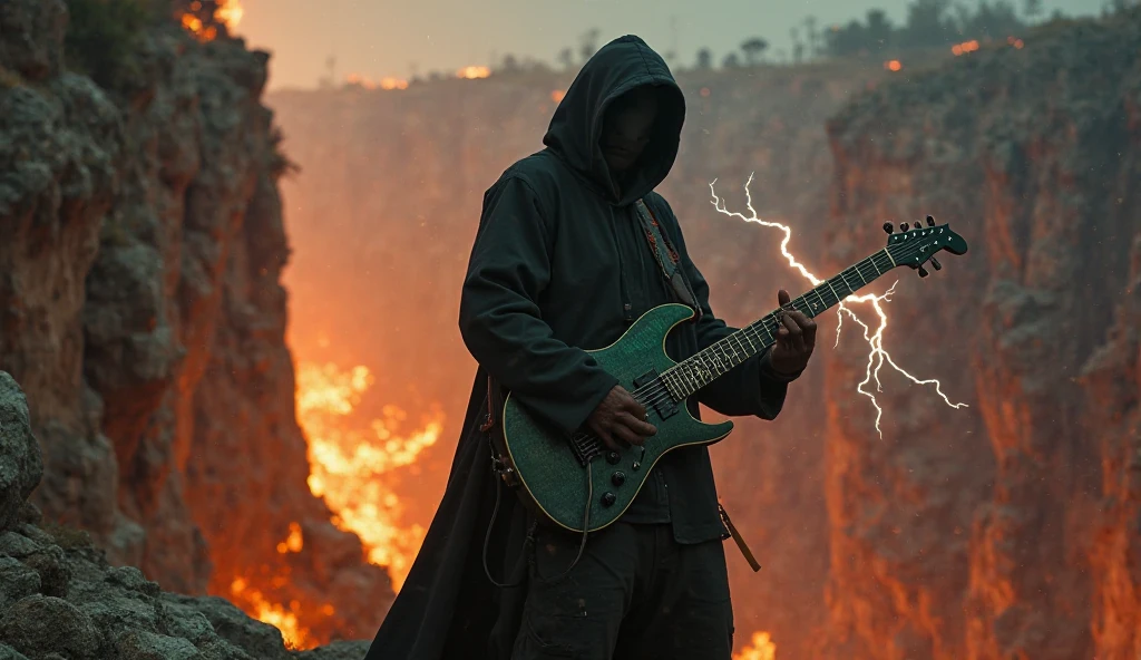 The camera shows a high cliff, which rises above the burning gorge ...
