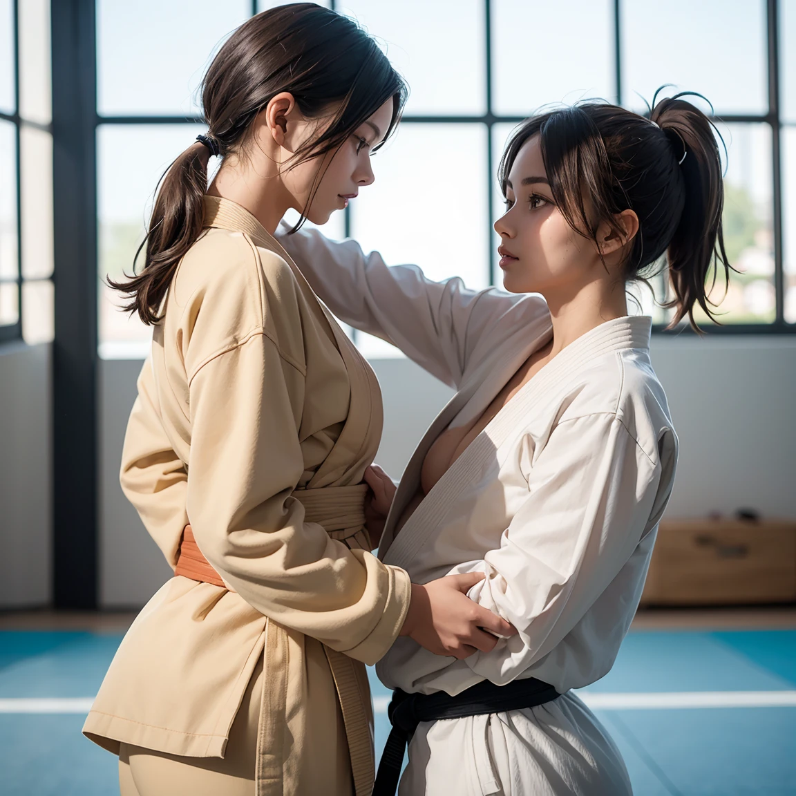 (((nsfw))), 1 girl, (18yo),((tan:1.4)), ponytail brown hair, white judo unifor - SeaArt AI