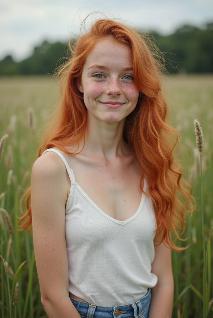 Photograph by canon R5, Dutch ginger age 14 in field of grass - SeaArt AI