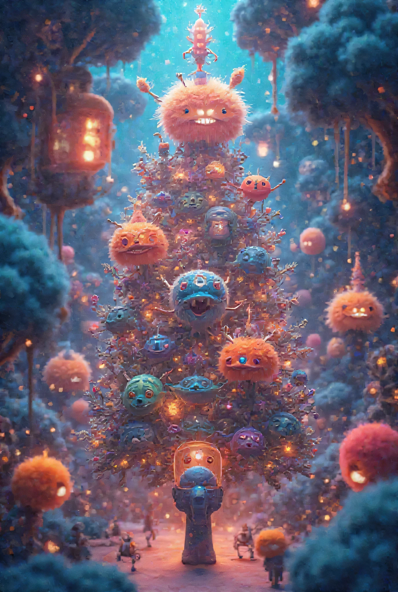 A close up of a christmas tree with many different faces on it - SeaArt AI