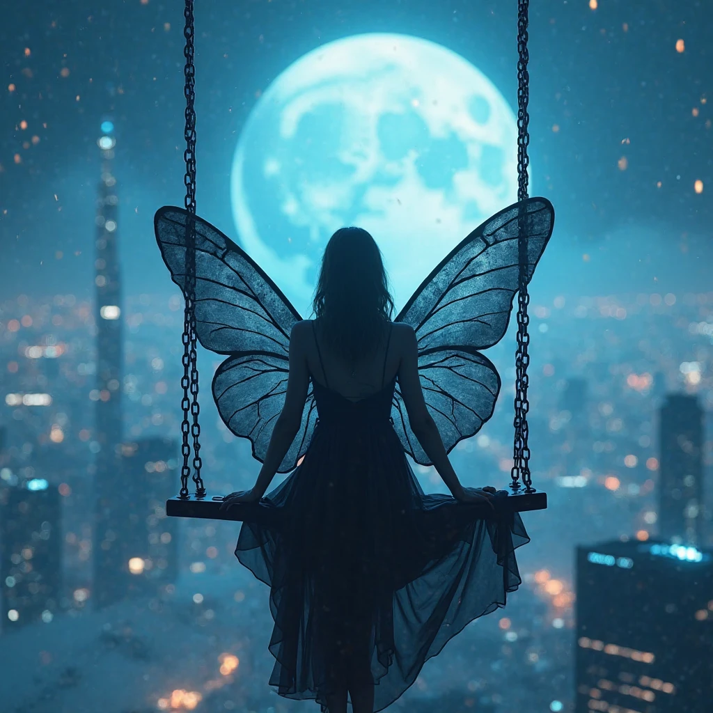 A mysterious woman sits gracefully on a futuristic swing, suspended in ...