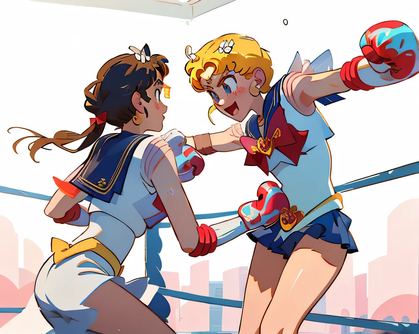 Sailor girl and sailor girl fighting in a boxing ring - SeaArt AI