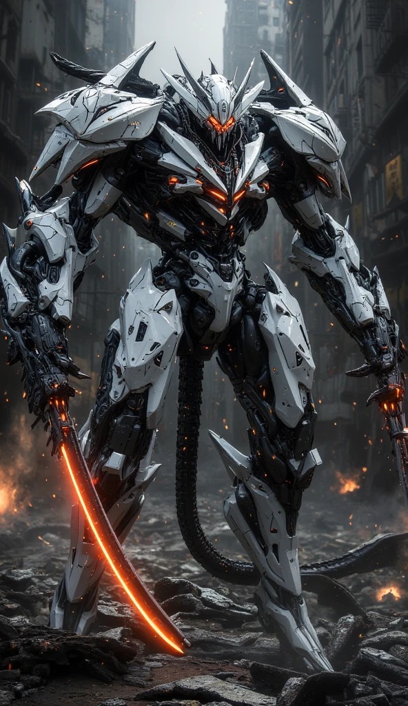 "A ferocious humanoid mecha in a ruined city, its white and black armor ...