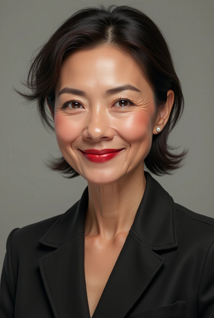 Good but short simple black hair gently behind the ear smiling lady with wrinkle - SeaArt AI