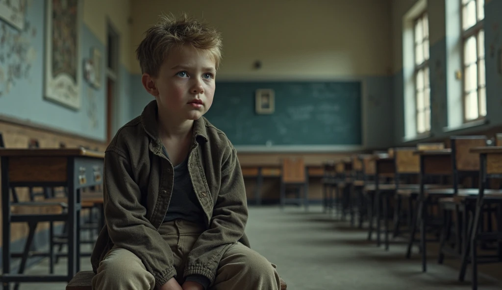 A lonely orphan boy sitting on an old wooden bench inside a school ...