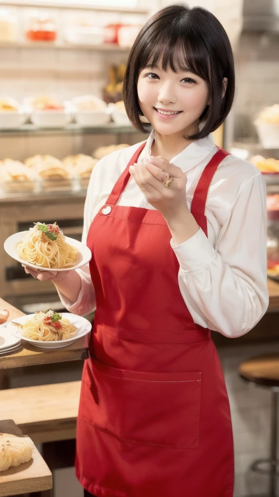 Only one woman, standing, (staff uniform) (red apron), /(black hair ...