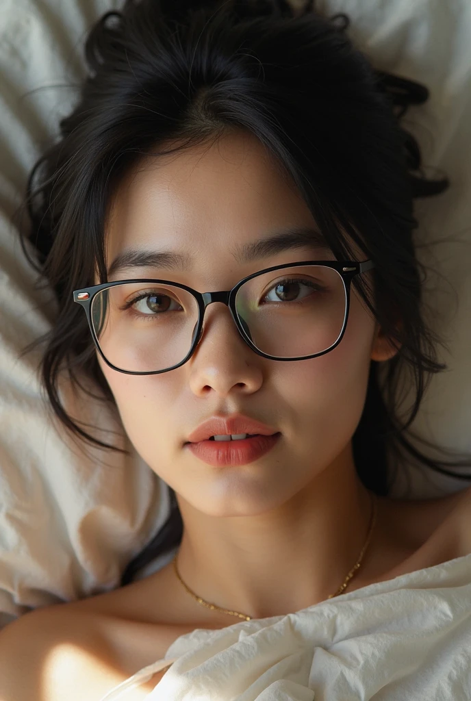 Black hair woman,round forehead,sharp chin,neat hair, laying in bed ...