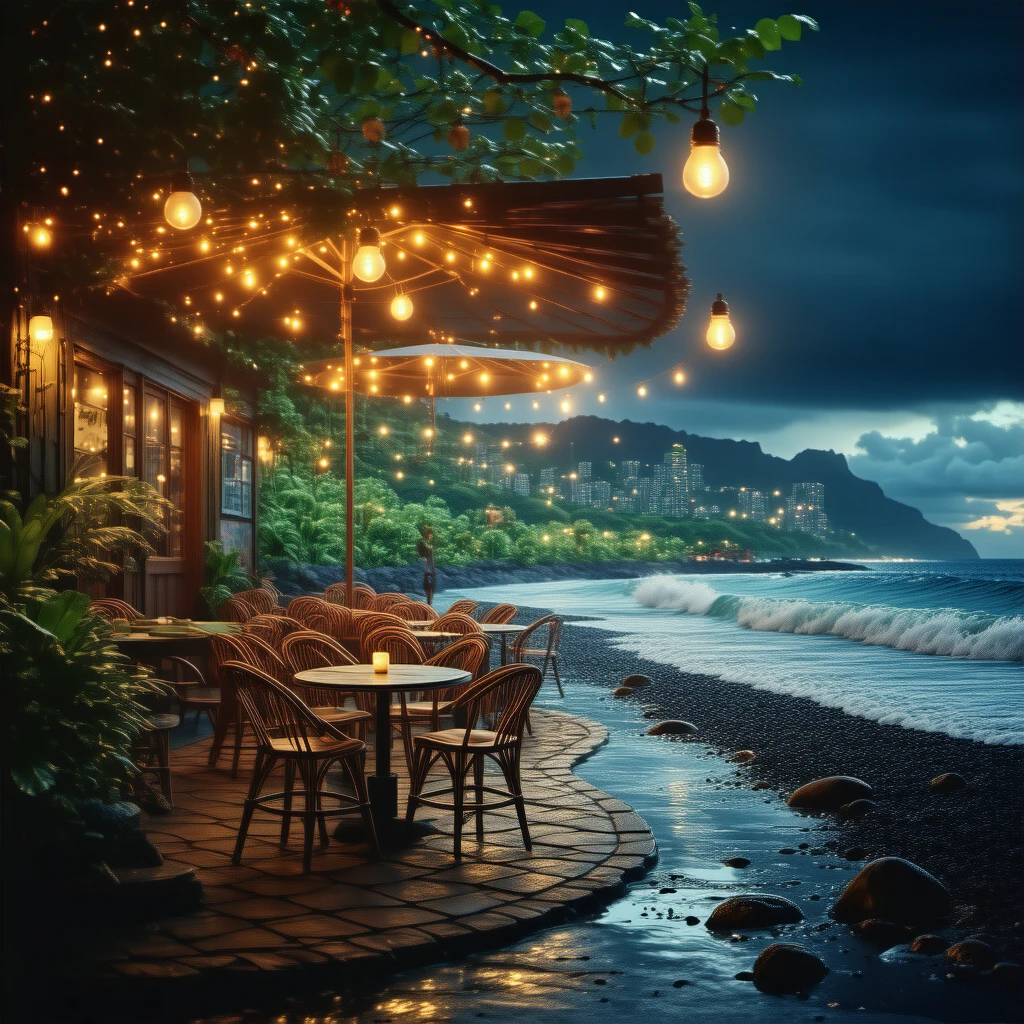 Hawaii's streetscape, night view, seaside, café - SeaArt AI
