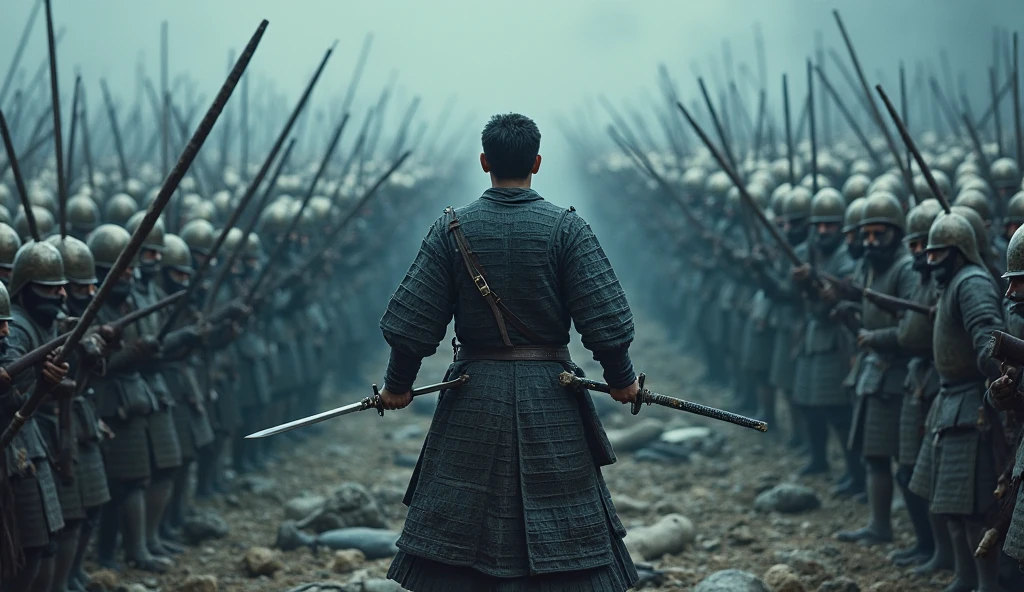 A lone warrior with short hair stands atop the bodies of fallen enemies ...