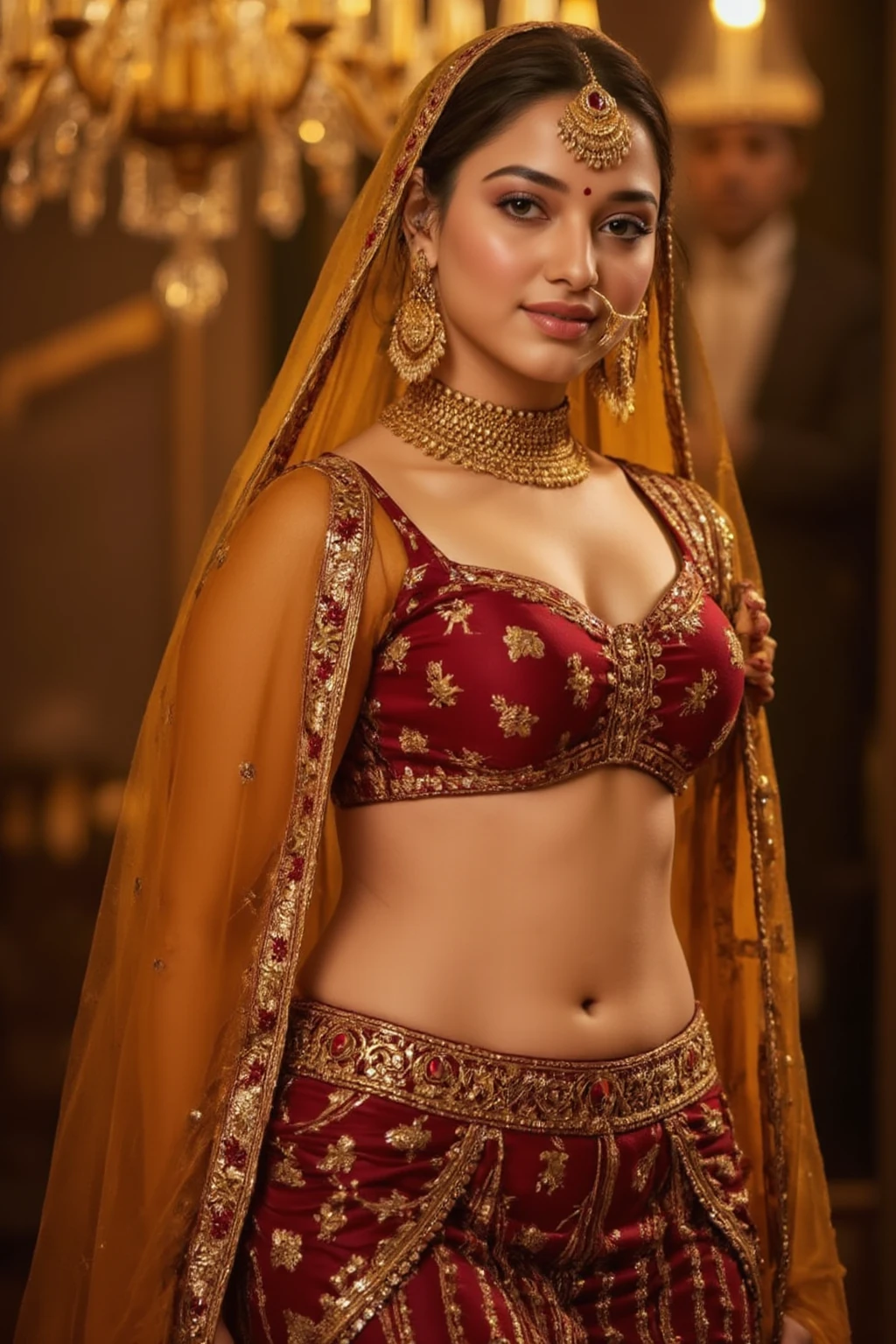 (masterpiece, best quality:1.2), She stands under a golden chandelier - SeaArt AI