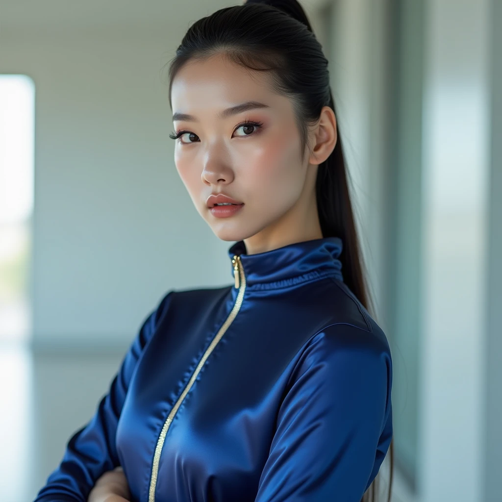 Beautiful mongolia woman in a satin sport outfit - SeaArt AI