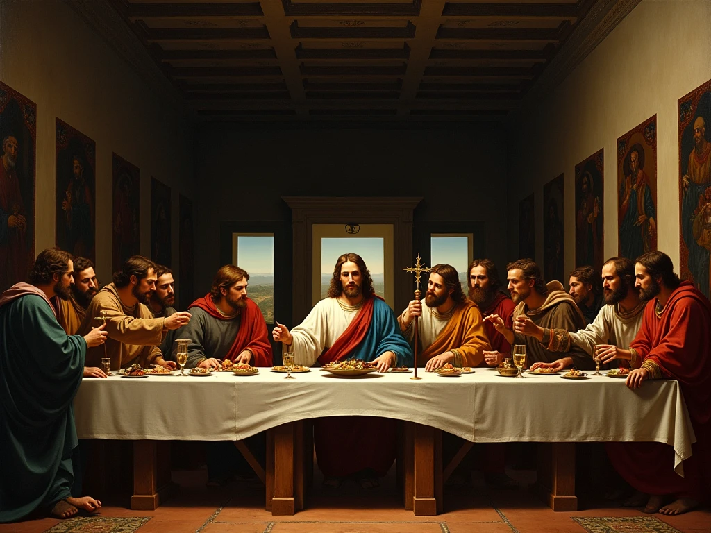Large table, 12 disciples, Jesus serving the bread and wine, 6 apostles ...