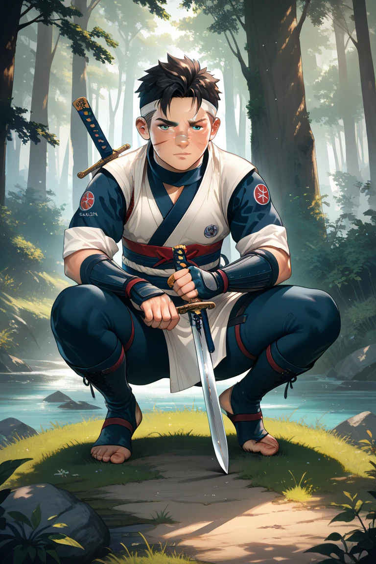 Ninja、 male、Short Hair、Age 35、 sword wounds on the face 、squatting ...