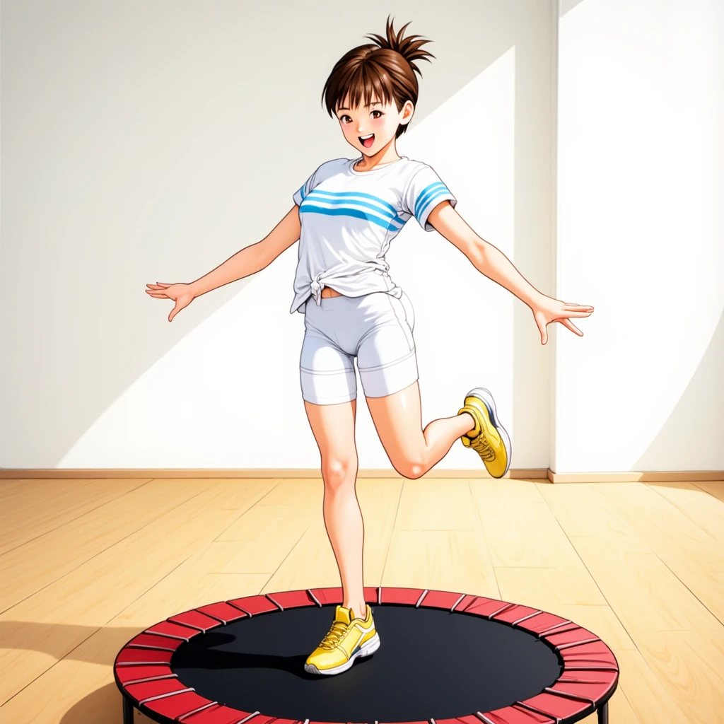 An anime-style illustration of a cheerful young woman exercising on a ...