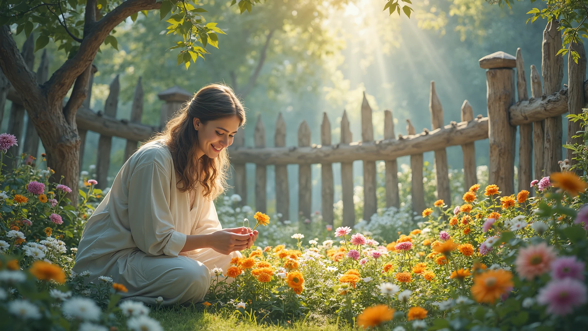 There is a woman kneeling in a garden with flowers and a phone - SeaArt AI