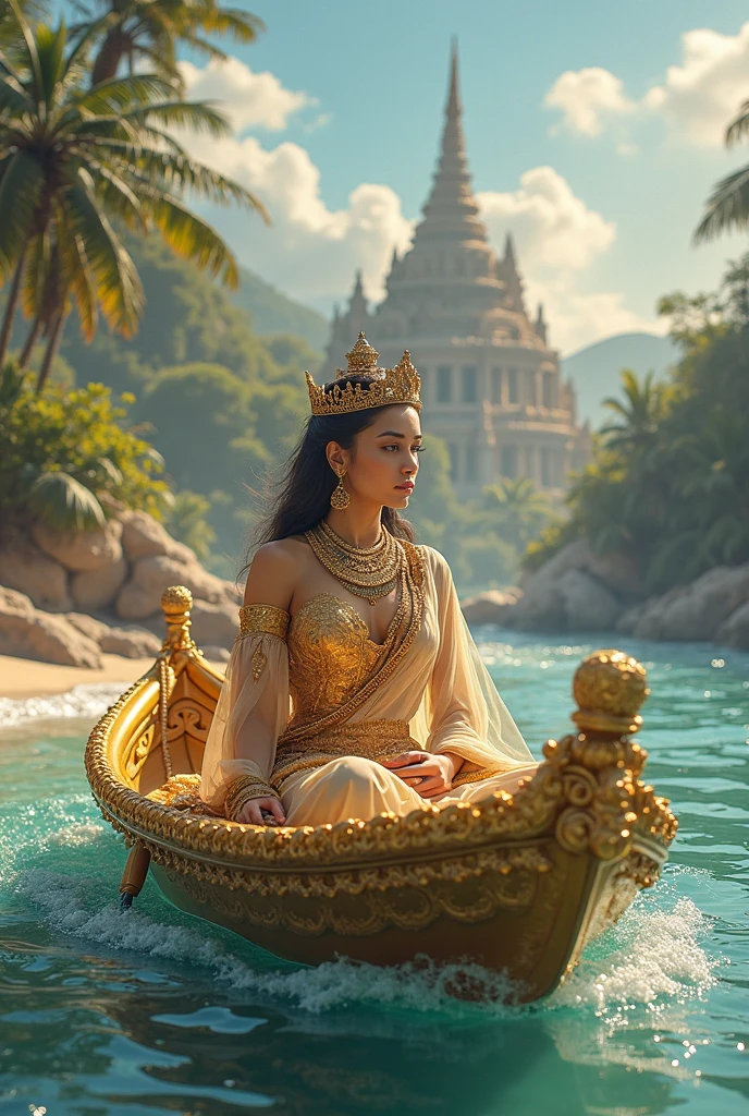 A royal princess in a gold boat which is in a beach, there's a buddhist ...