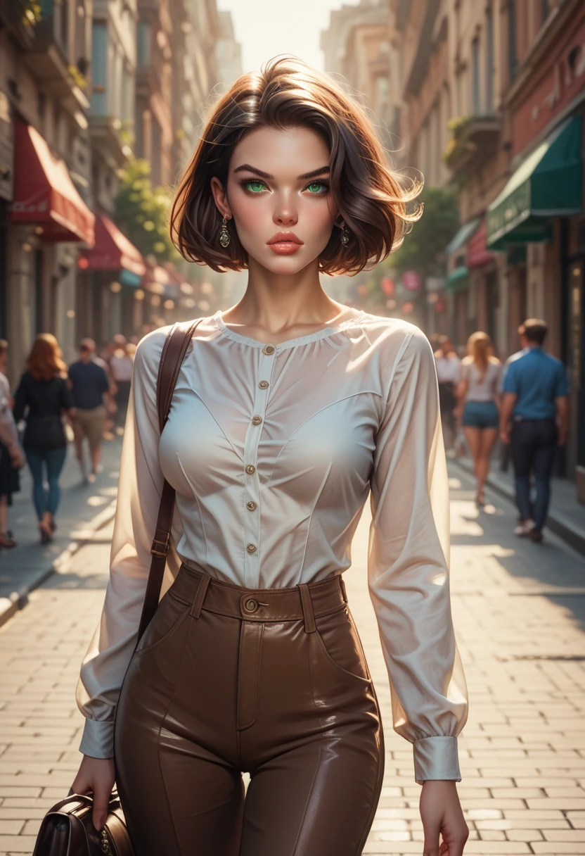 Brown, neck length short blunt haired, green eyed, round faced - SeaArt AI