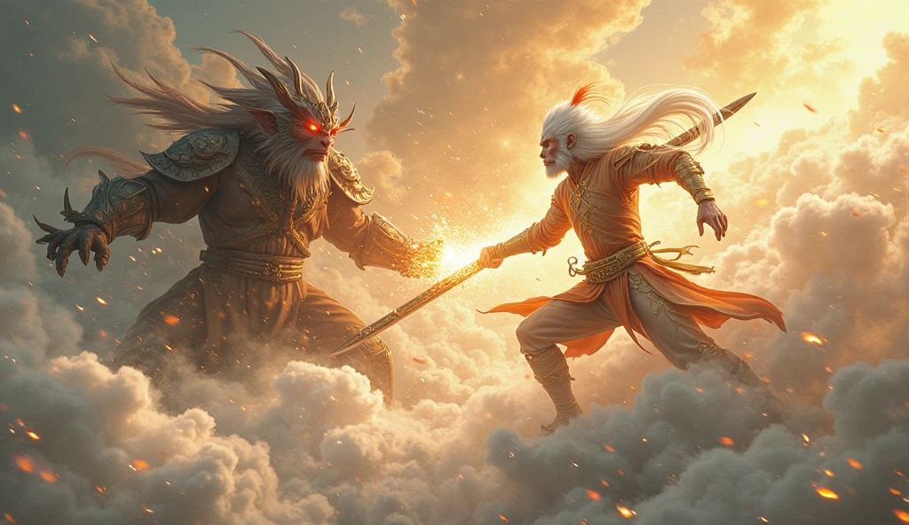 A dynamic mid-shot of Sun Wukong (the Monkey King) locked in fierce ...