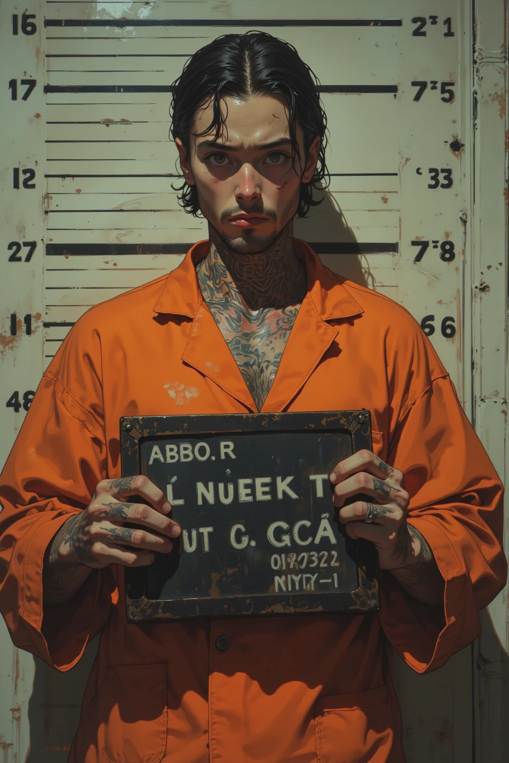 Mugshot photo of an all-back skinny man wearing a prisoner uniform ...
