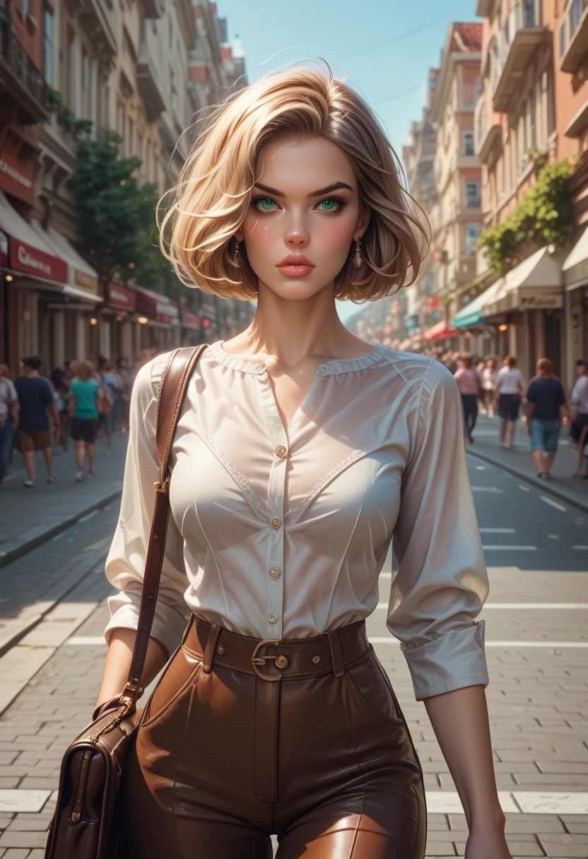 Light brown, neck length short blunt haired, green eyed, round faced ...