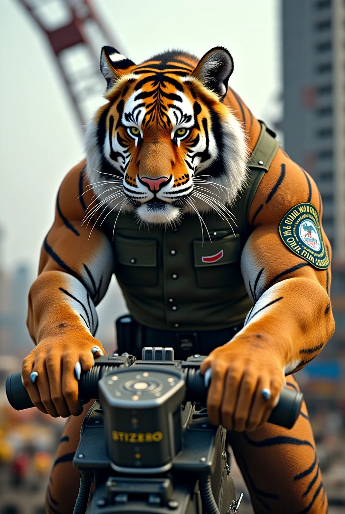 Muscular tiger in national guard uniform handling a crane - SeaArt AI
