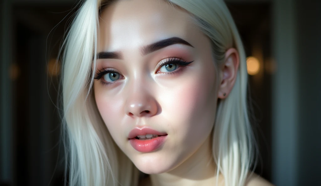 A hyper-realistic close-up portrait of a woman’s face, captured from a ...